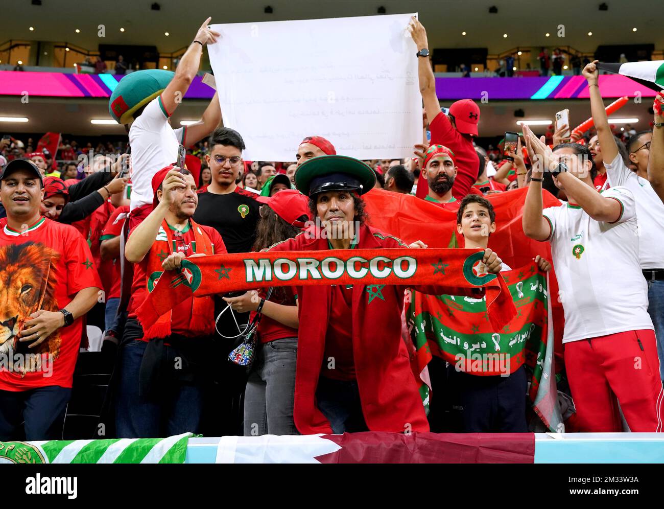 Morocco fans in the stands ahead of the FIFA World Cup Semi-Final match at the Al Bayt Stadium ...