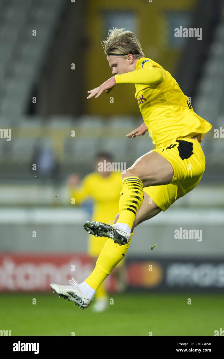 Dortmund's Erling Braut Haaland celebrate after scoring during a soccer ...