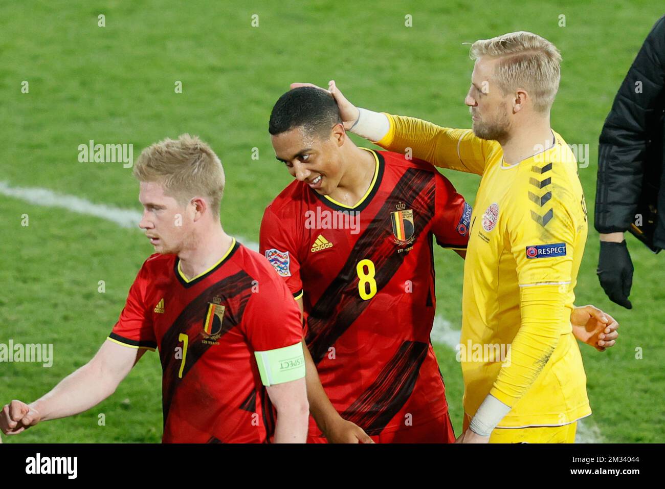 Belgium's Youri Tielemans and Danish goalkeeper Kasper Schmeichel ...