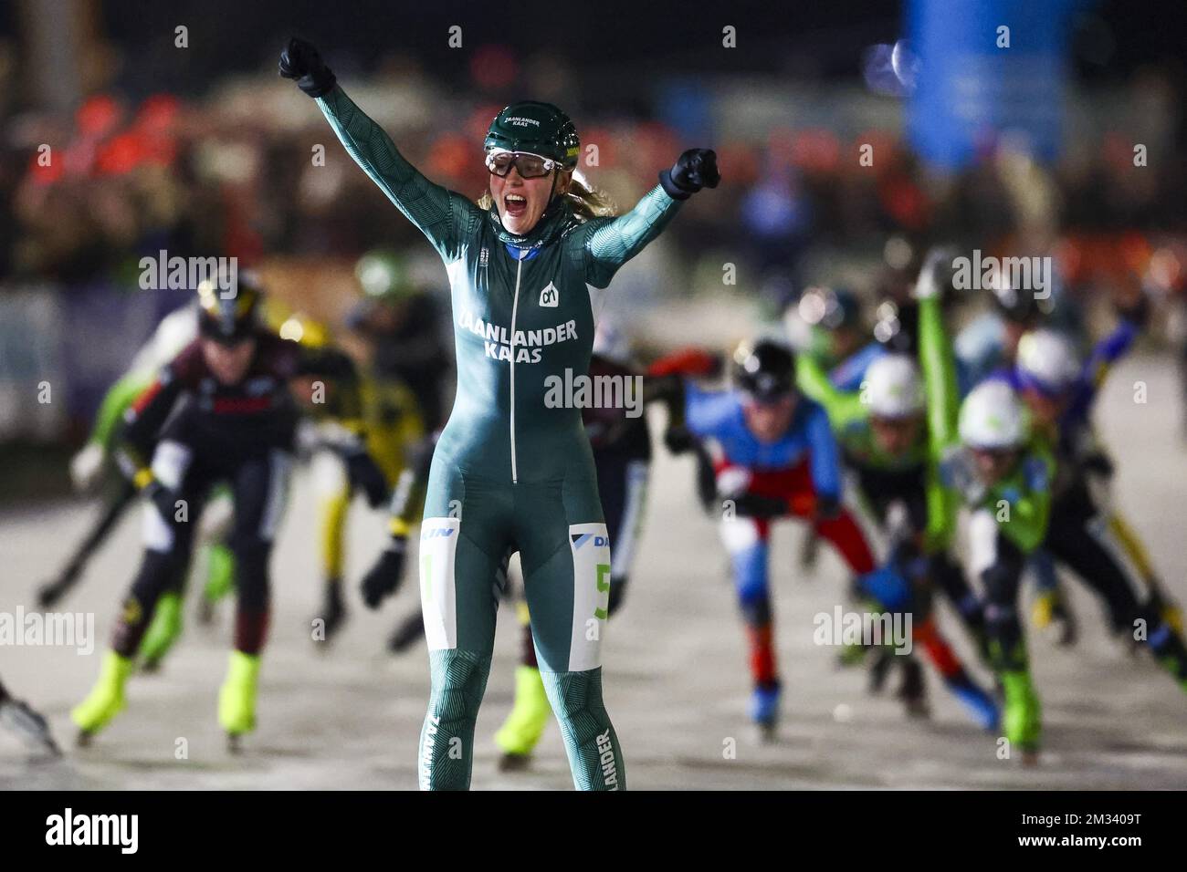 BURGUM - Maaike Verweij cheers after winning the race of the women's ...