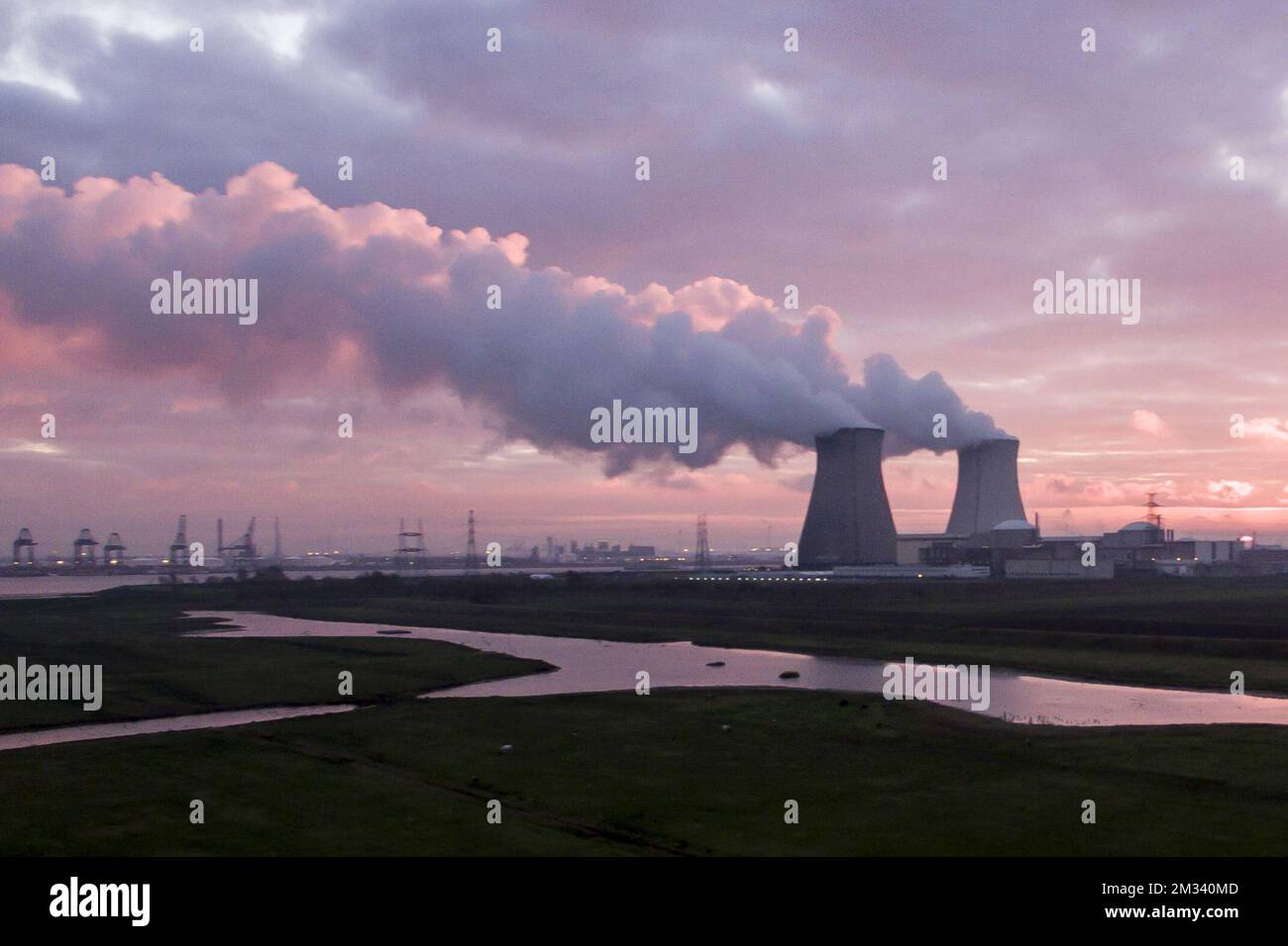 Aerial illustration picture from a drone shows the Doel nuclear power ...