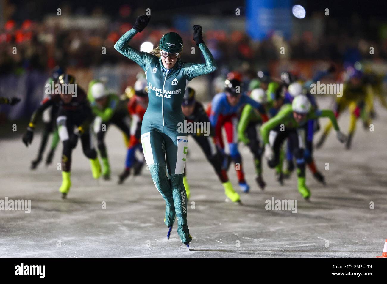 BURGUM - Maaike Verweij cheers after winning the race of the women's ...