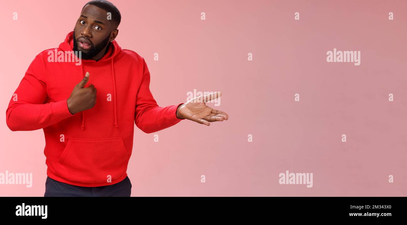Guy asking why blame him. Portrait surprised wondered black bearded man ...