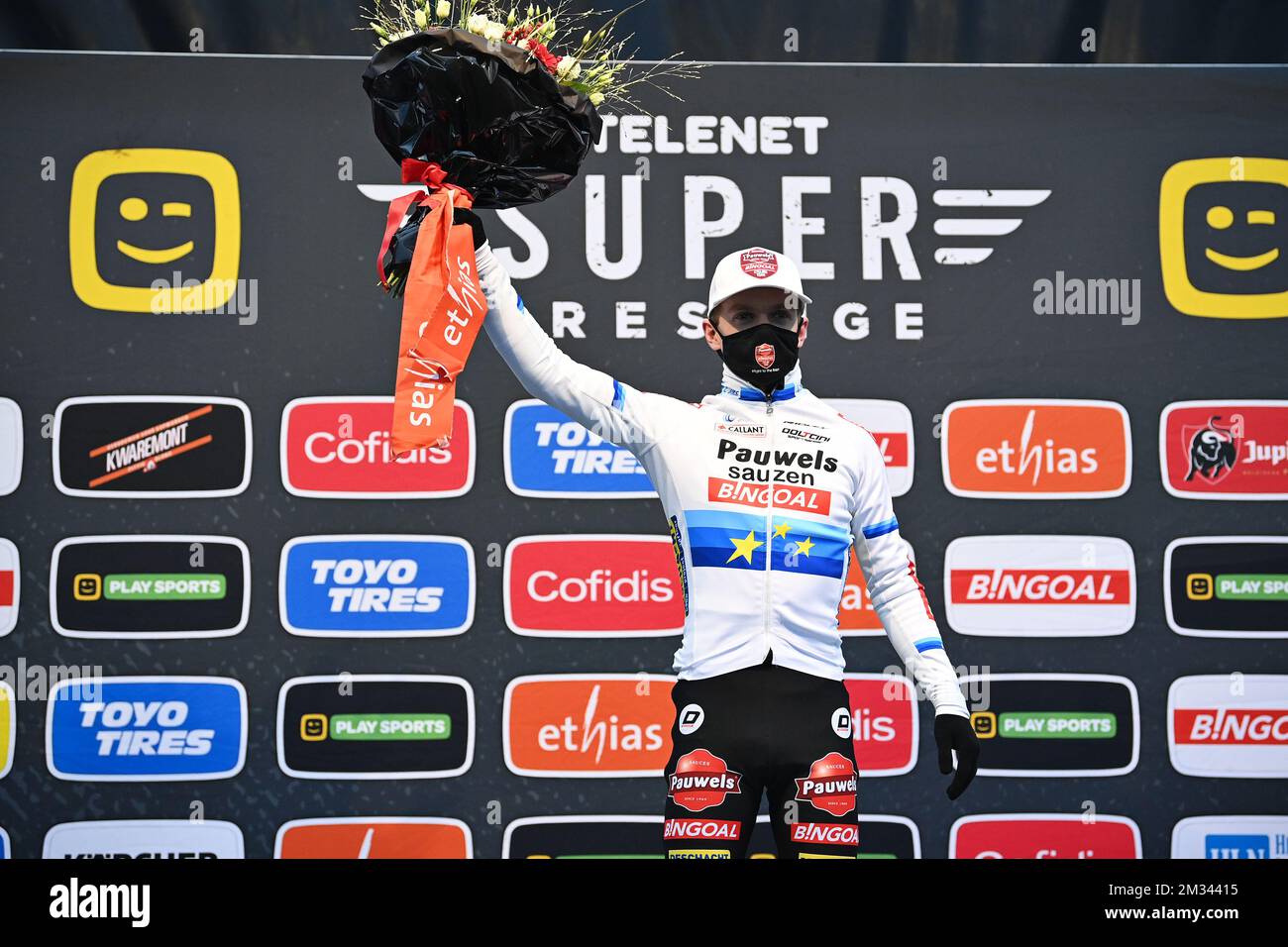 Belgian Eli Iserbyt pictured on the podium after the men's elite race ...