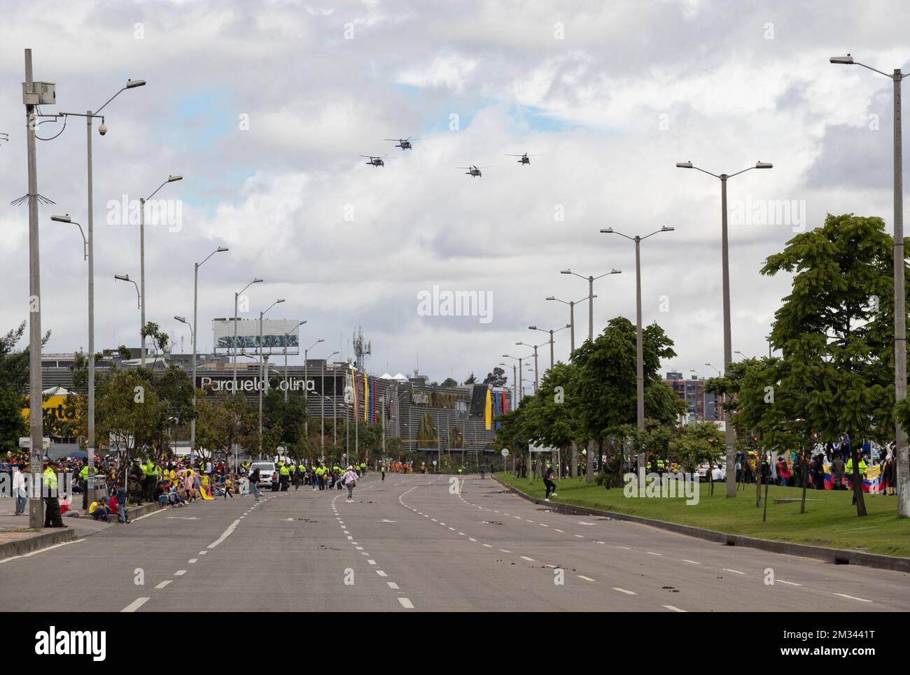 Float of army helicopters flying over boyac avenue during independence ...