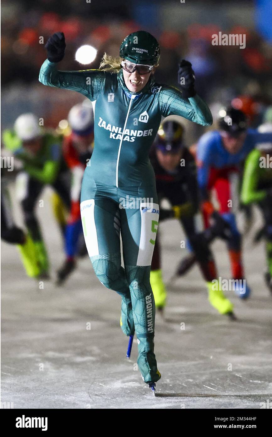 BURGUM - Maaike Verweij cheers after winning the race of the women's ...