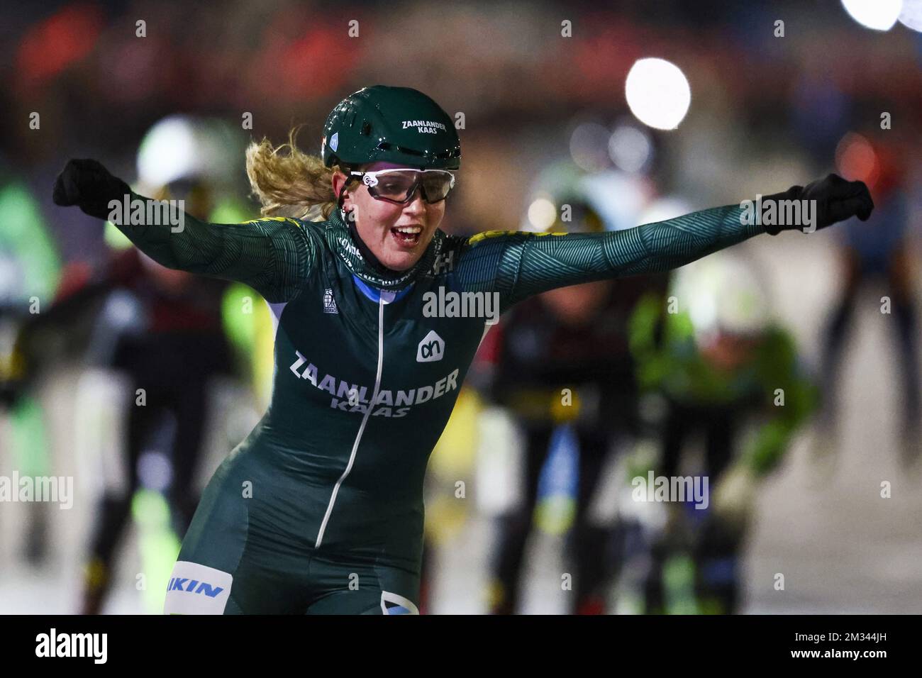 BURGUM - Maaike Verweij cheers after winning the race of the women's ...