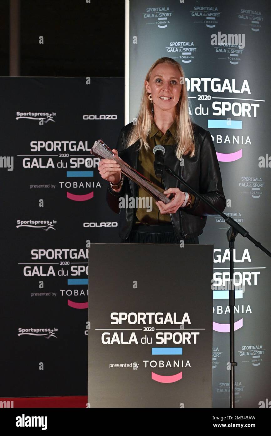 Belgian basketball player Ann Wauters pictured on the podium accepting ...