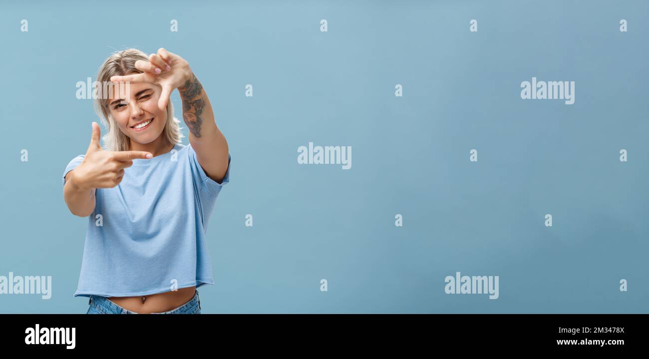 Be creative and happy. Portrait of charming enthusiastic female ...