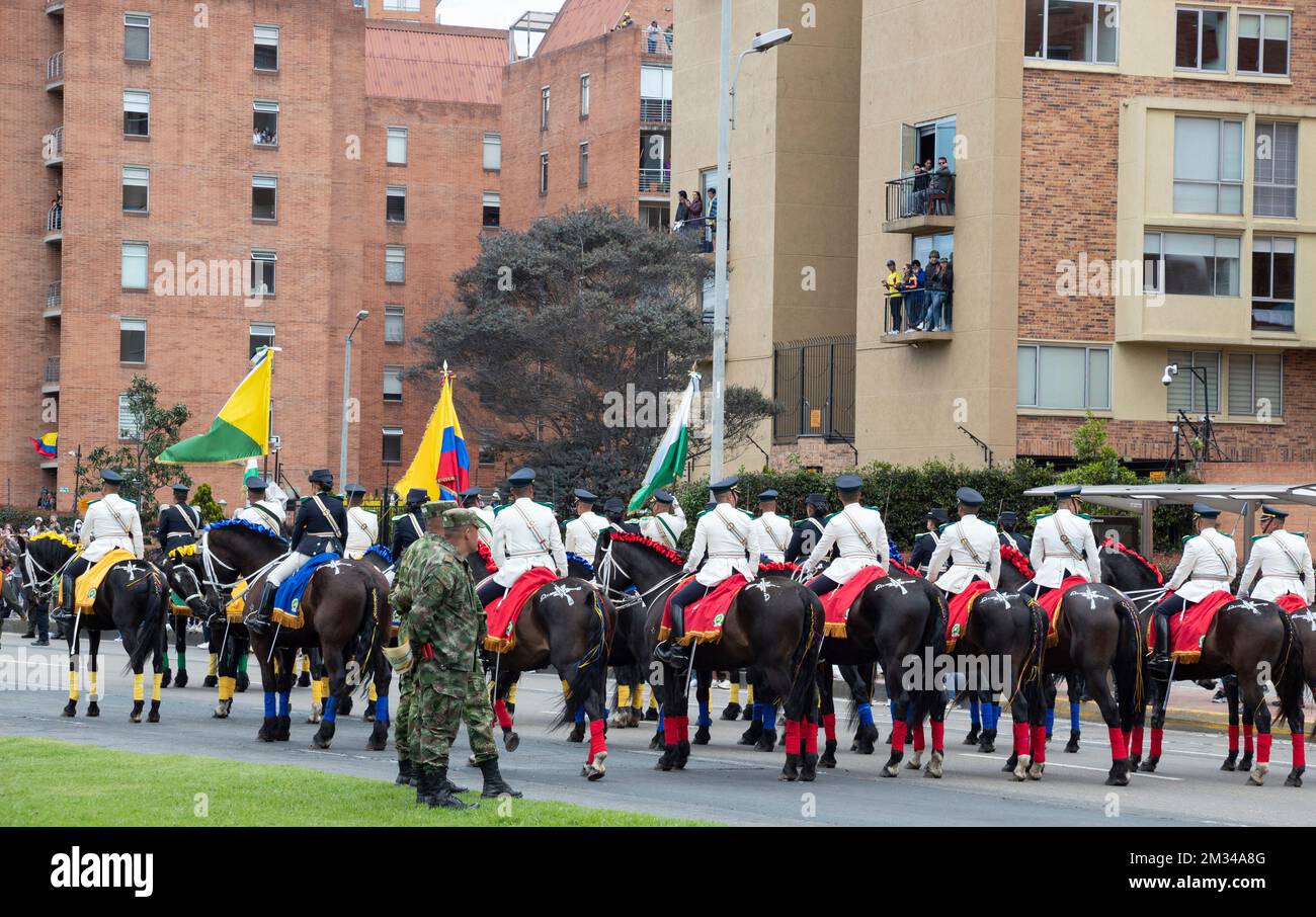 Mounted Police unit knowed as "carabineros" with representative flags ...