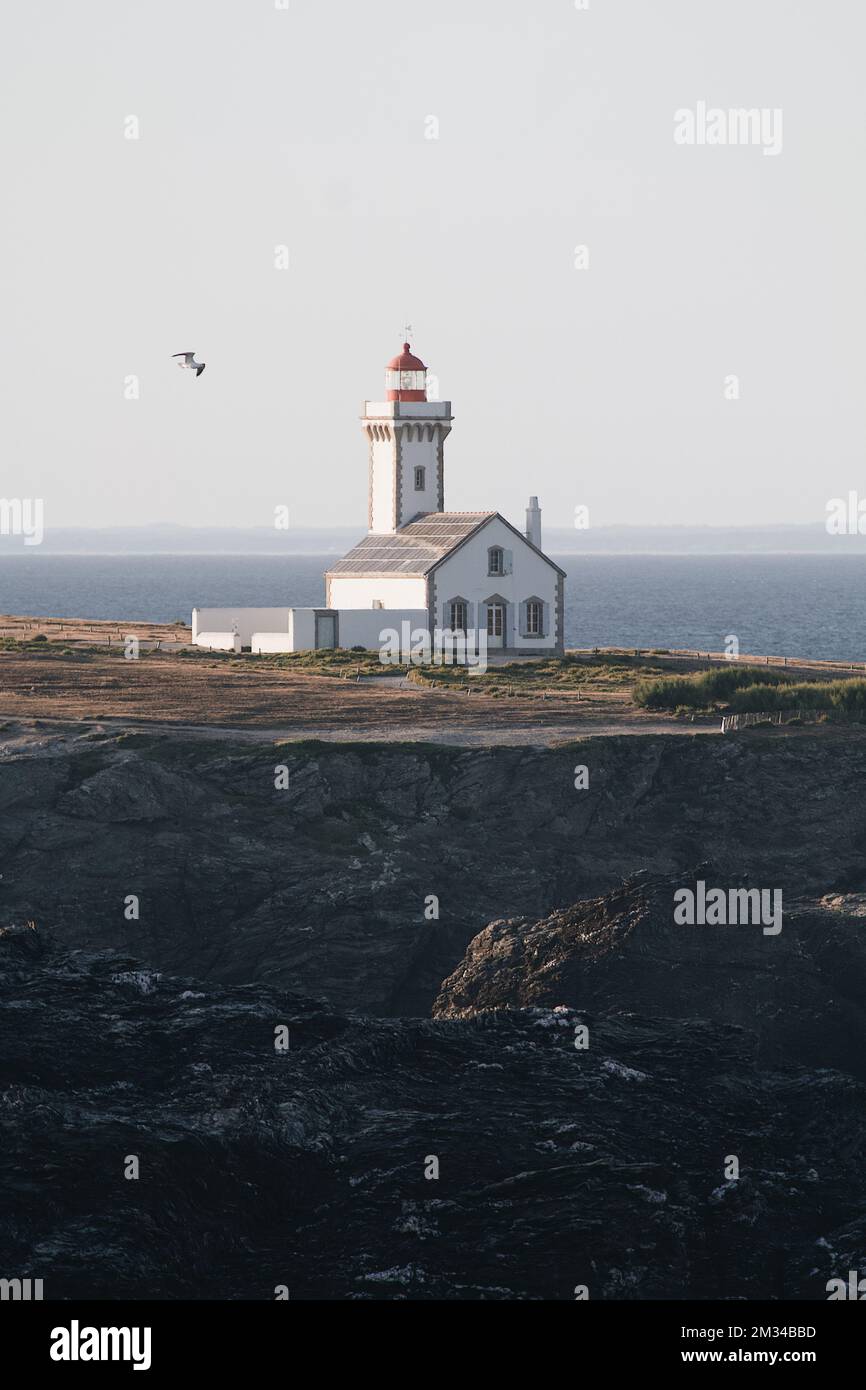 Scenic shot of Poulains lighthouse on coast of the Atlantic Ocean at ...