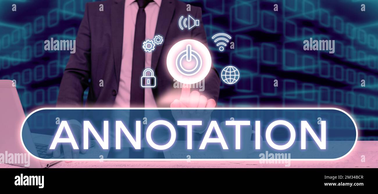 Writing displaying text Annotation. Business idea note added by way of comment or explanation ...