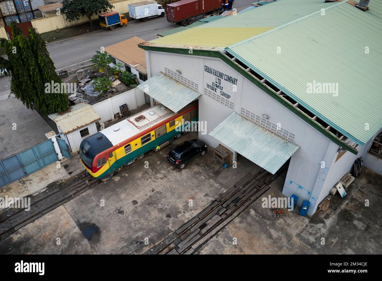 An aerial view of a train hub shelter in Ghana Stock Photo - Alamy