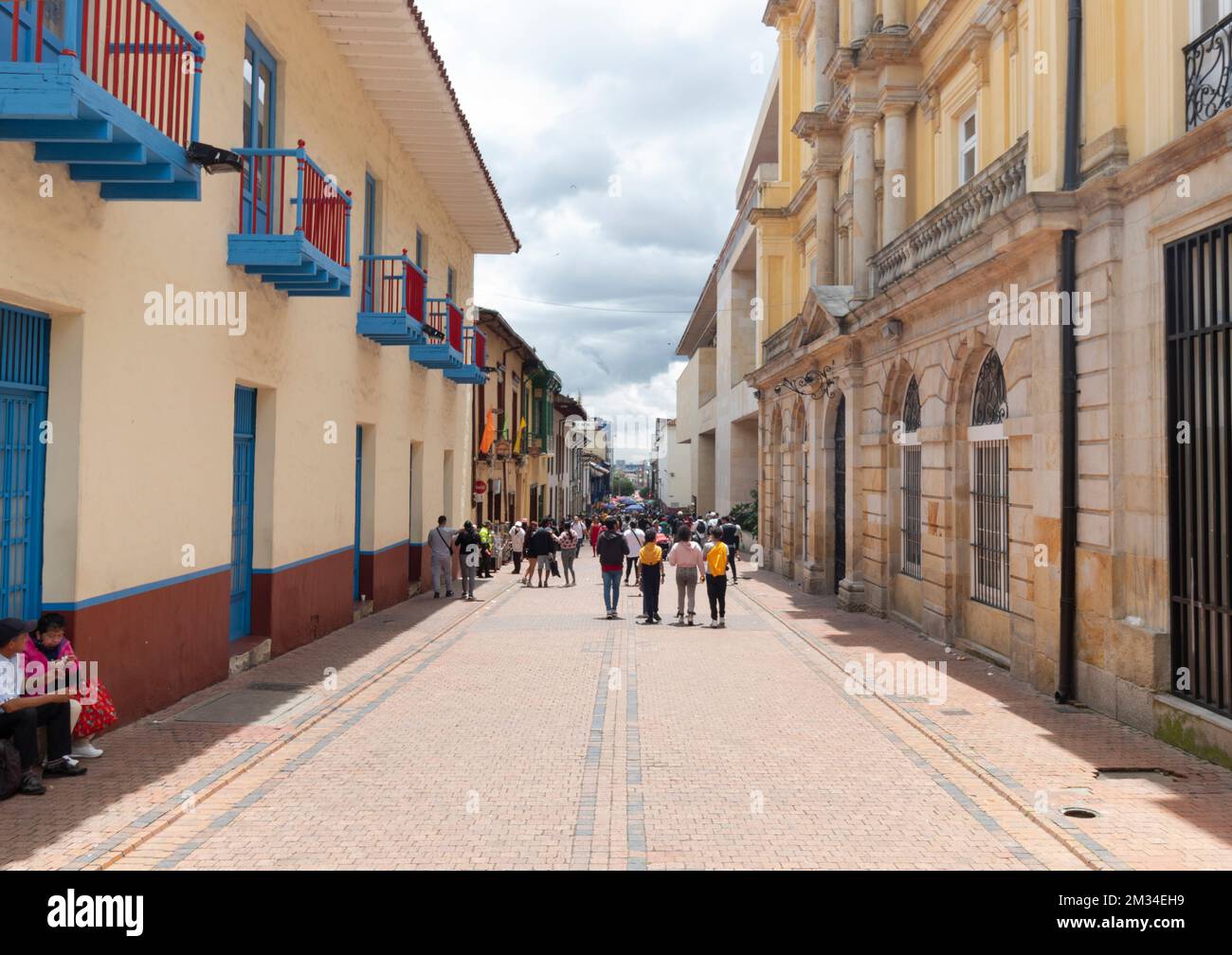 An antique colonial street in Candelaria neighborhood at bogota ...