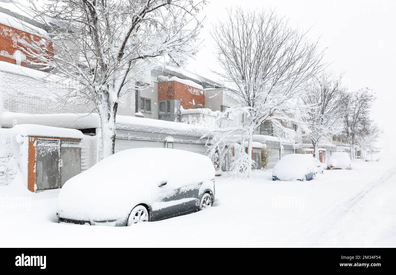 Residential street completely snowed in with snow-covered cars parked ...