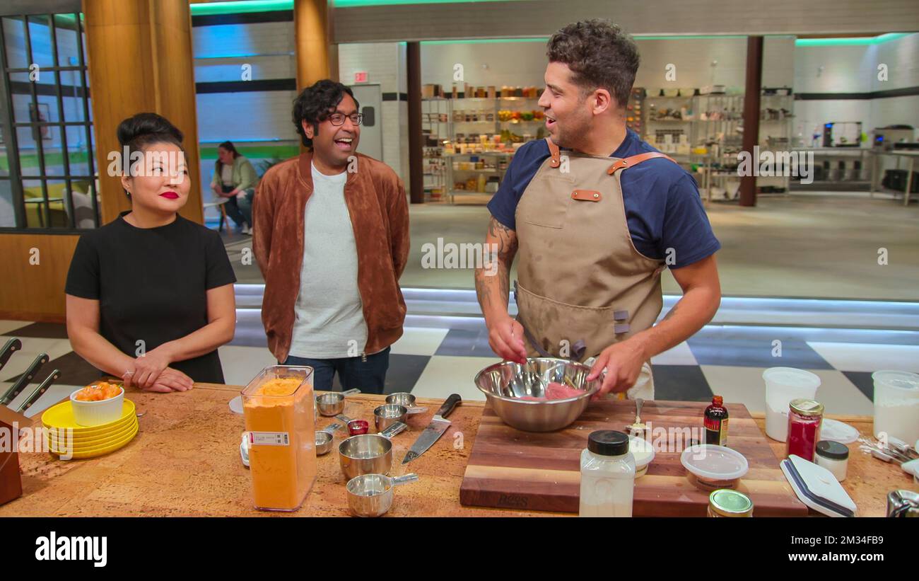 SNACK VS. CHEF, from left: judge Helen Park, host Hari Kondabolu ...