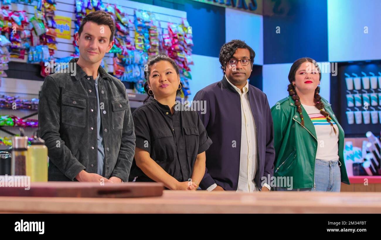 SNACK VS. CHEF, from left: judges Ali Bouzari, Helen Park, hosts Hari ...