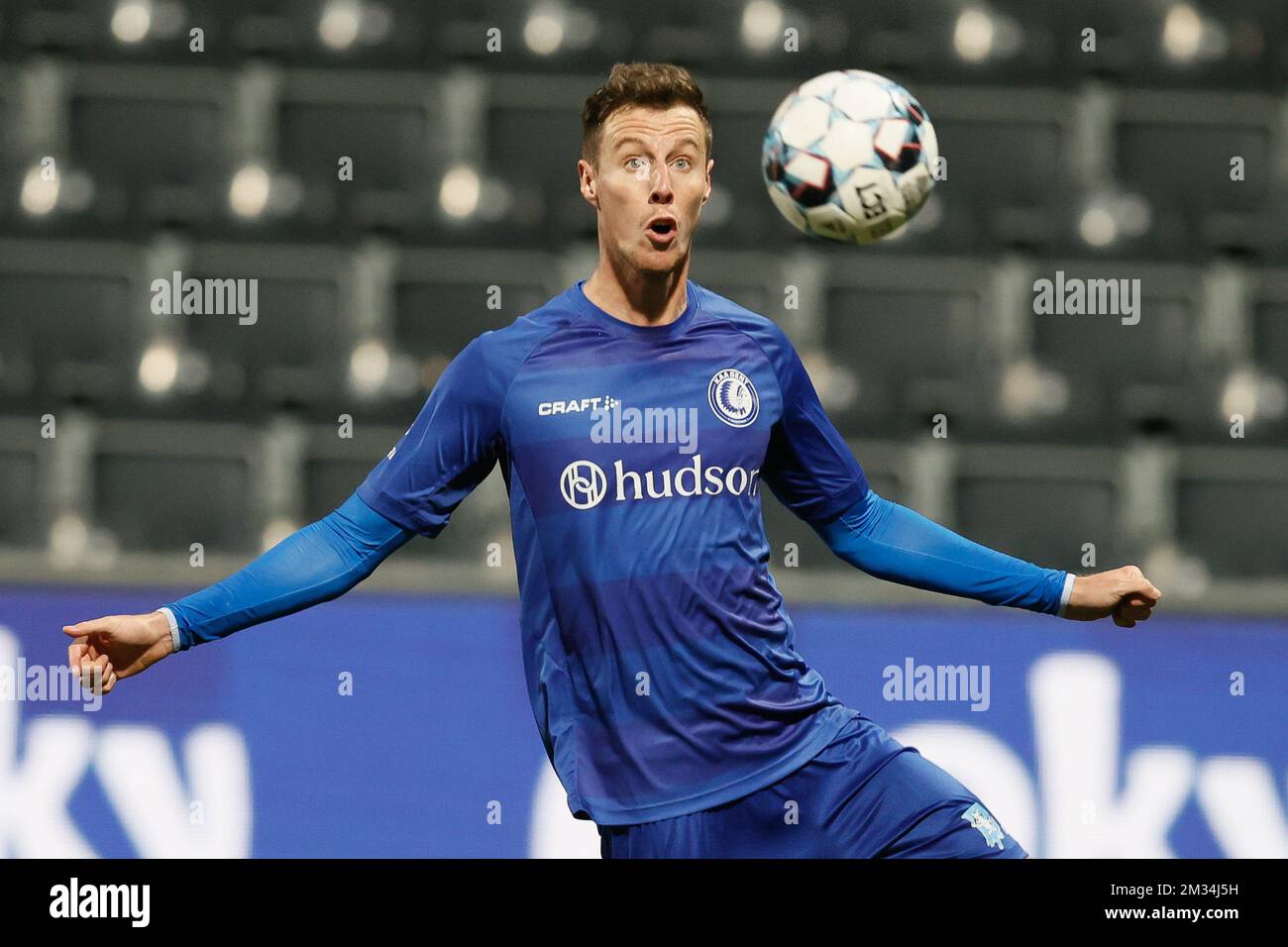 Gent's Bruno Godeau pictured in action during a soccer game between KAS ...