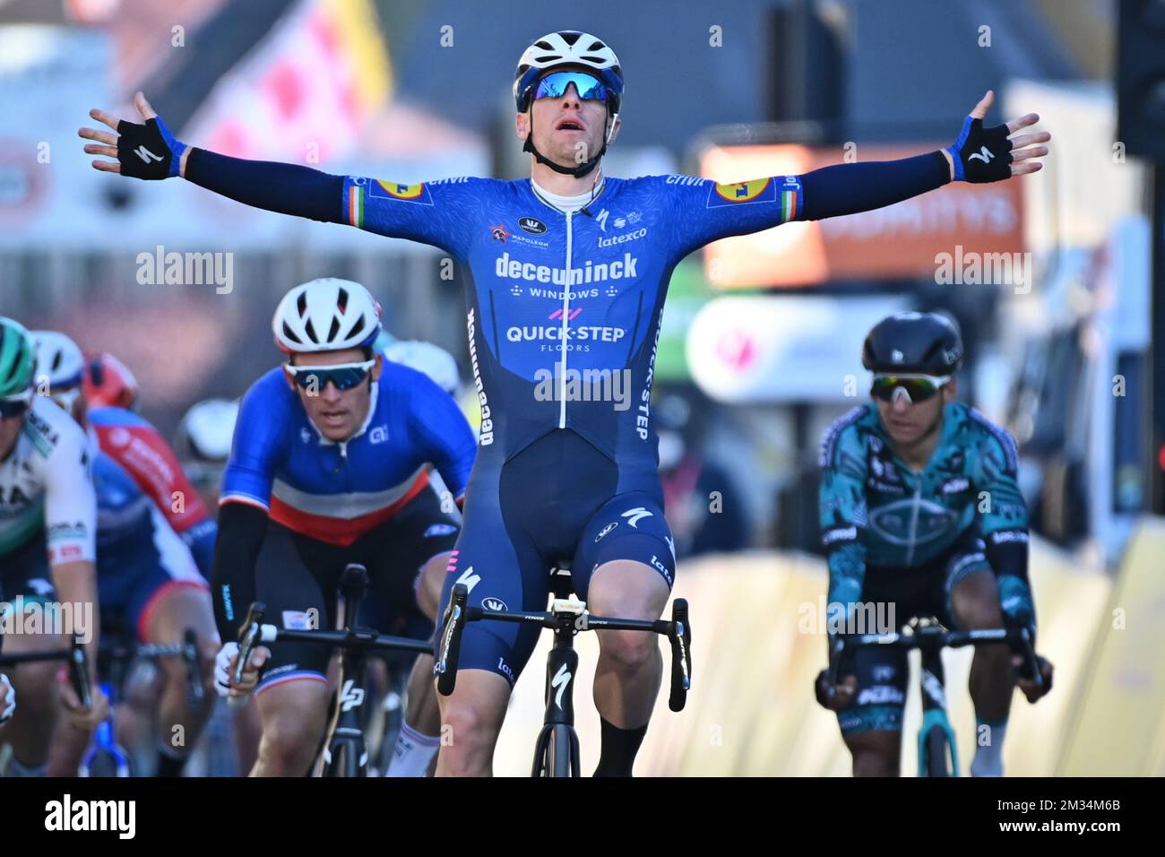 Irish Sam Bennett of Deceuninck - Quick-Step celebrates as he crosses ...