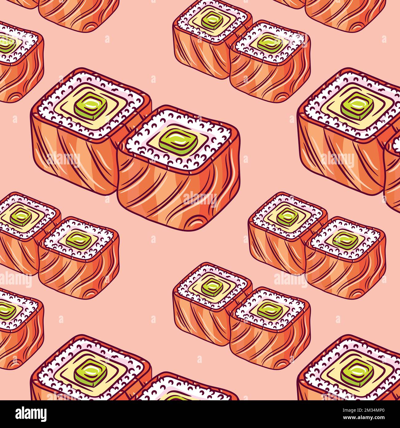 Seamless pattern background with bright cute sushi hand drawn doodles ...
