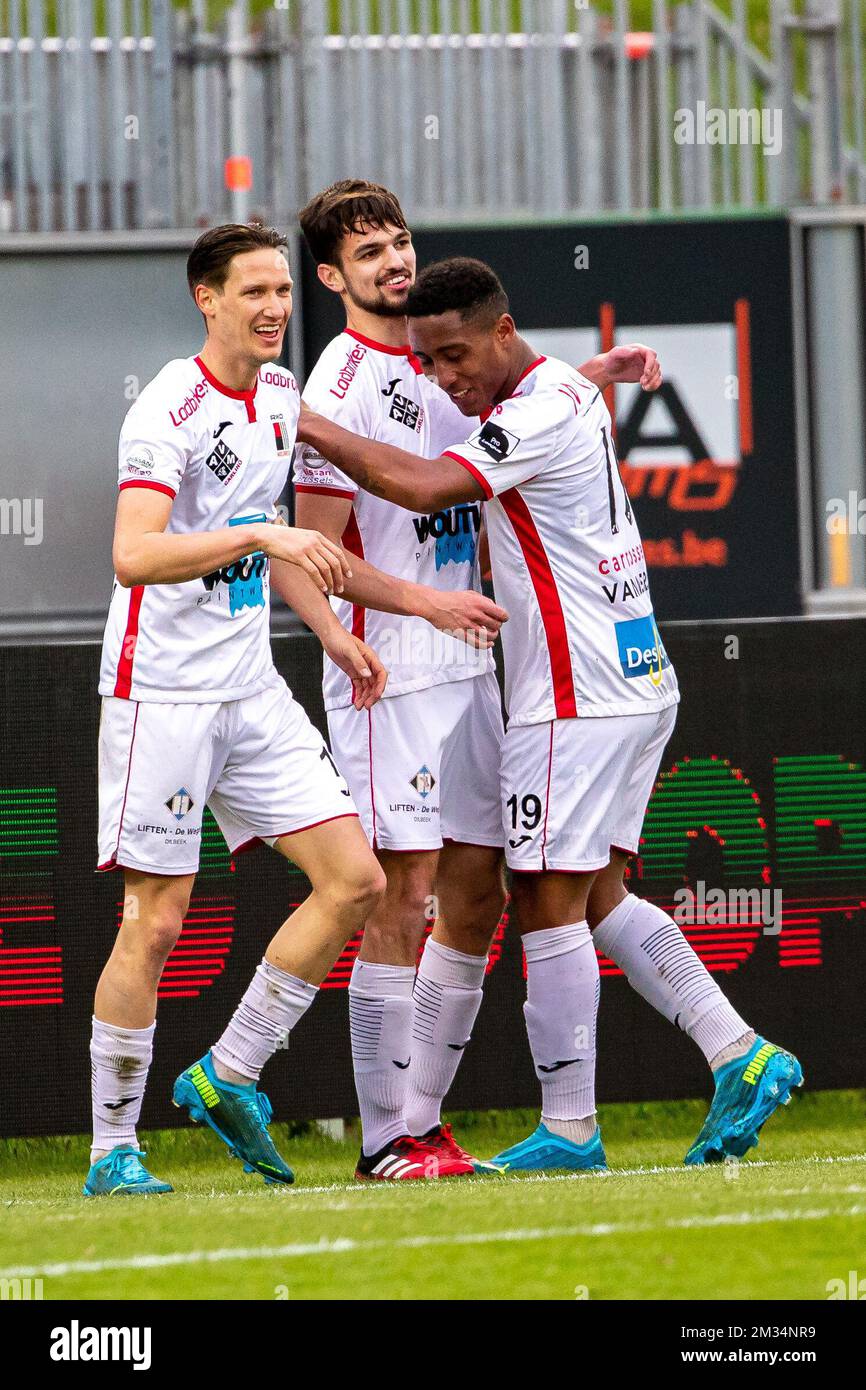 Rwdm's Jarno Libert celebrates after scoring during a soccer match ...