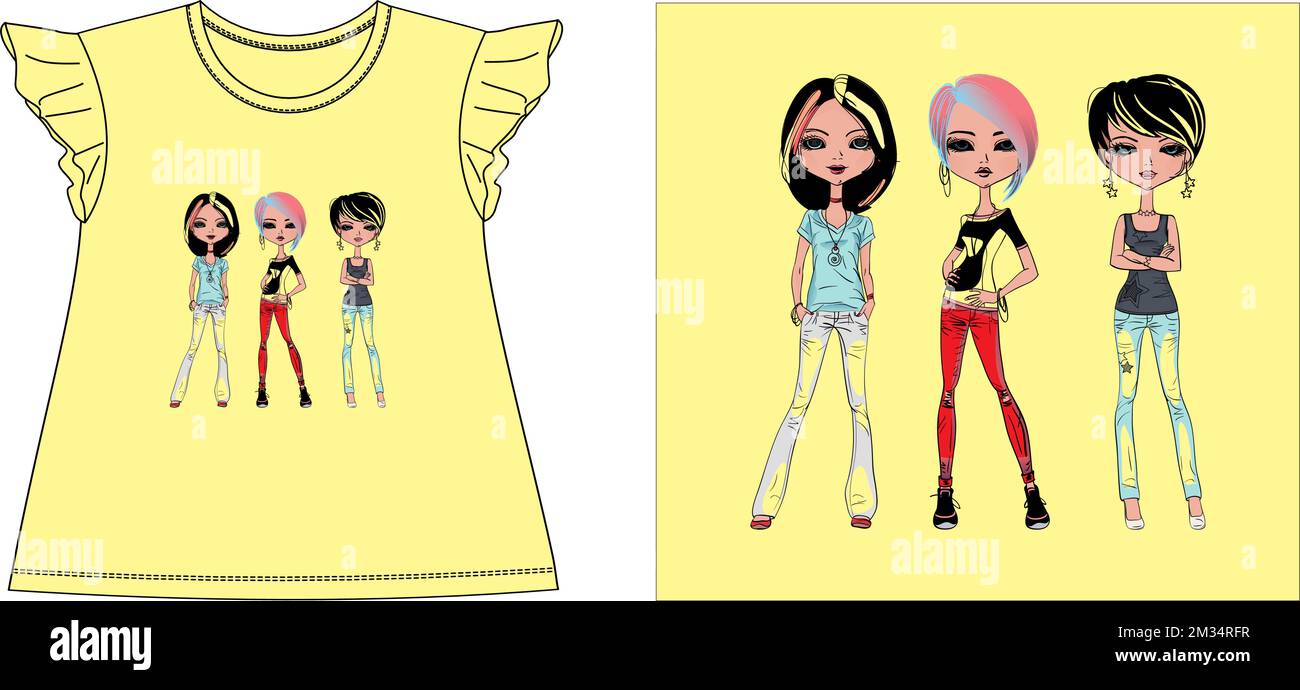 three girls t shirt graphic design vector illustration digital file ...