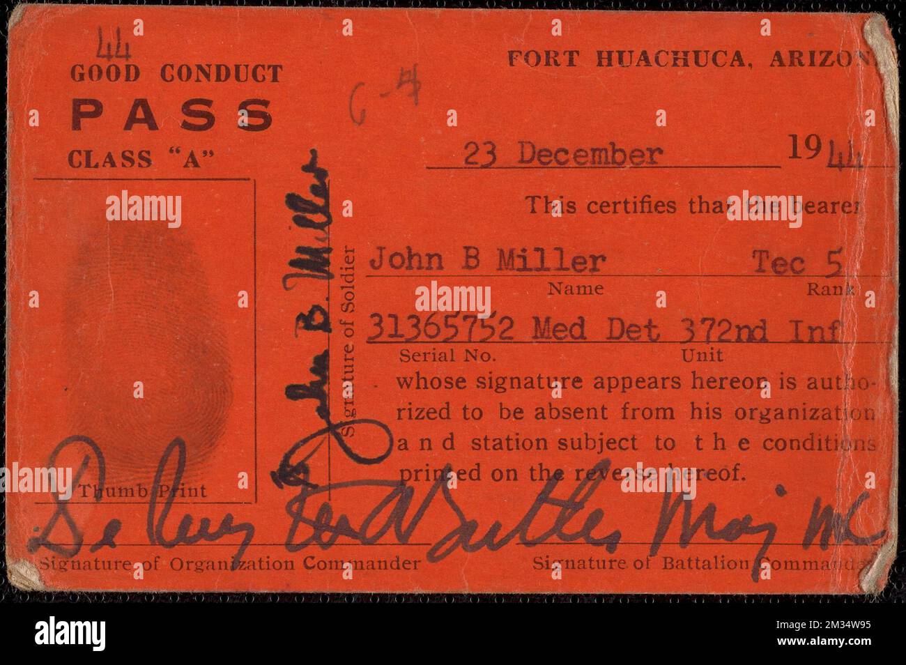 Good conduct pass class 'A' Fort Huachuca, Arizona, John B. Miller ...