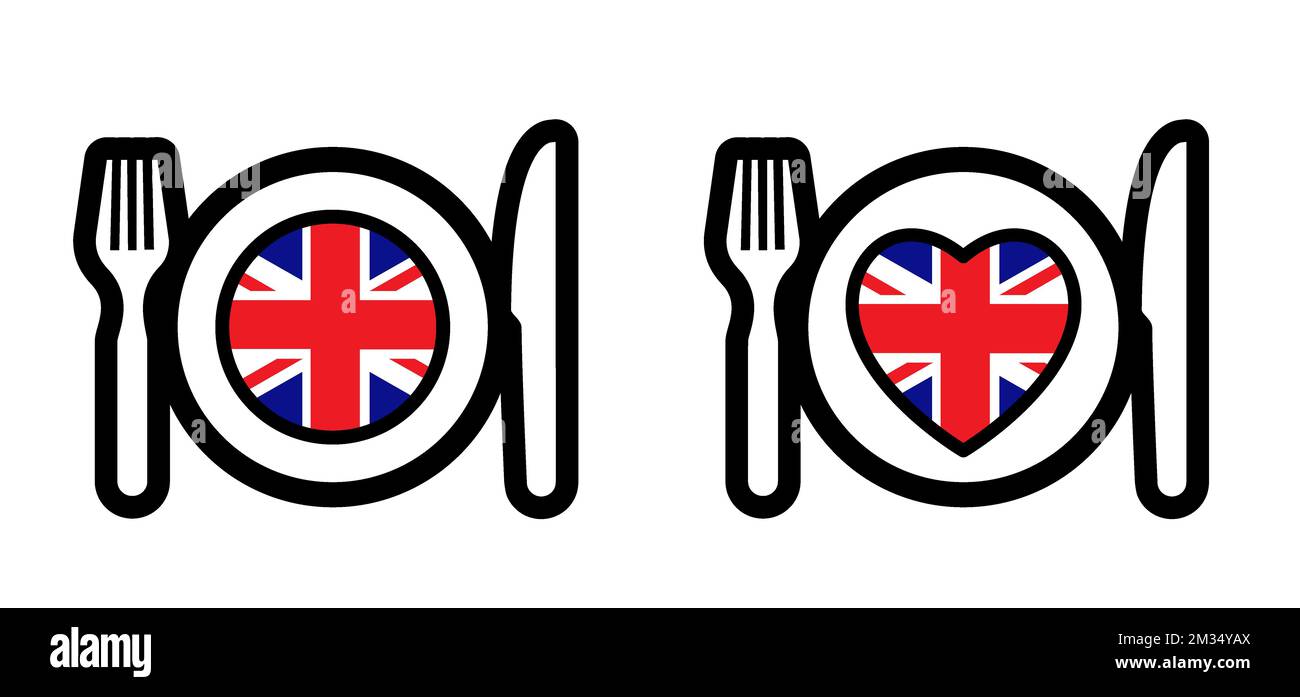 Cartoon plate, fork and knife for England dish. Heart plate in and ...
