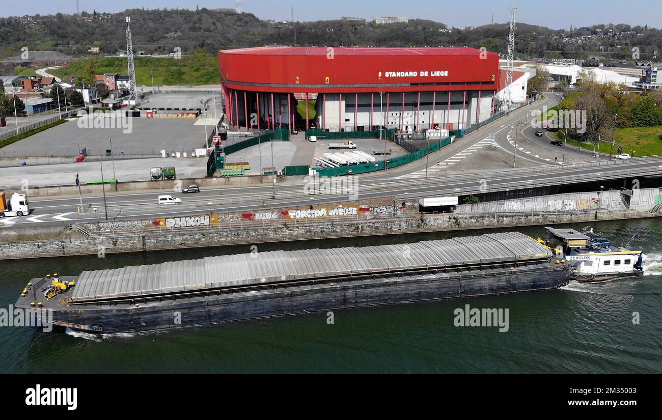 Aerial view shows the 'Stade Maurice-Dufrasne' stadium of Belgian ...