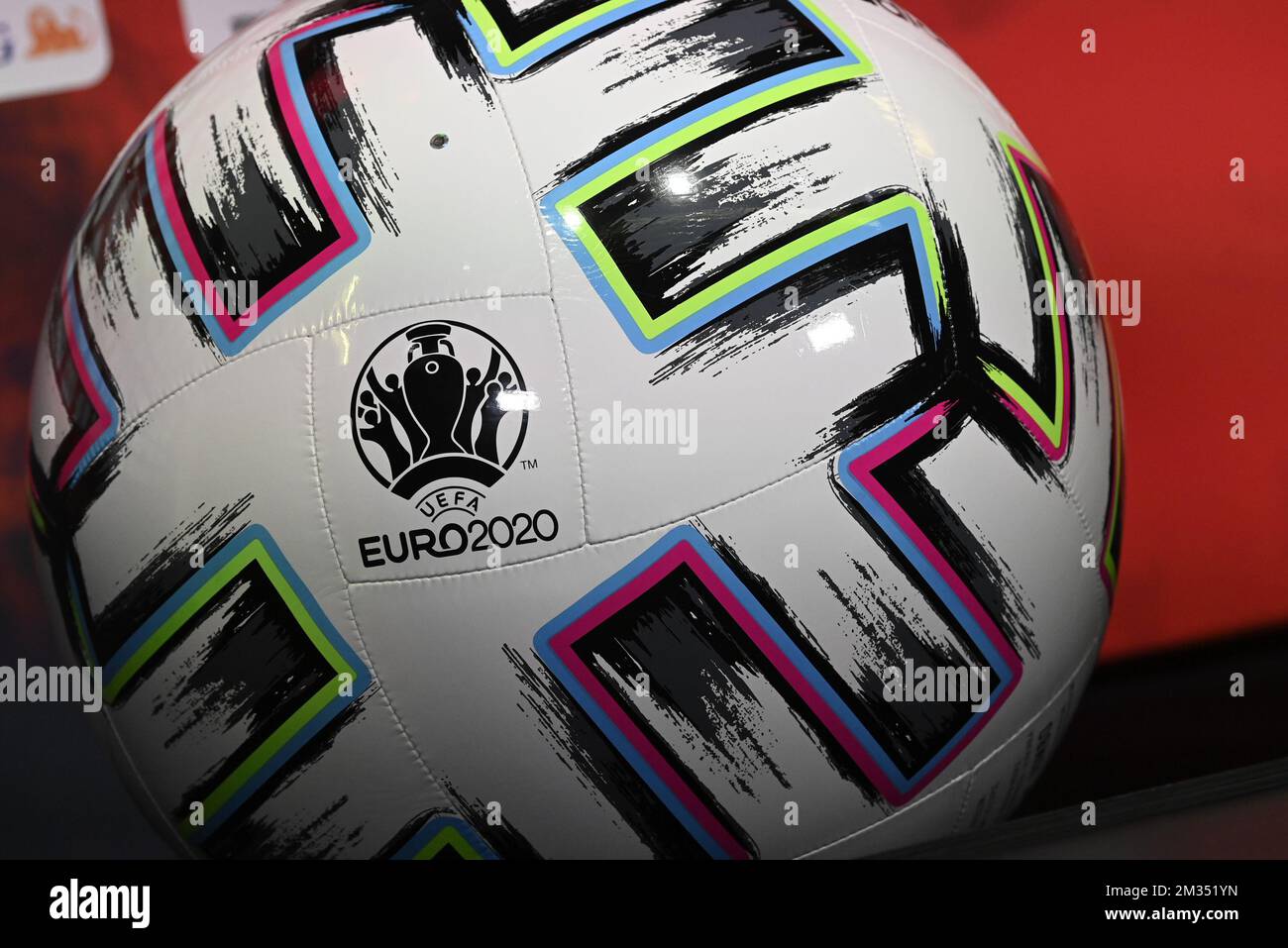 Illustration shows an official ball of UEFA Euro 2020 in the press room ...