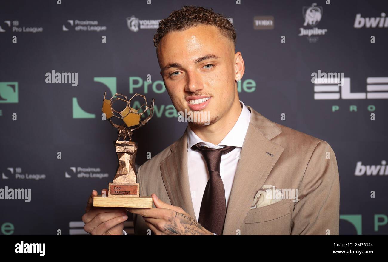 Pro League Espoir of the year, Club Brugge Noah Lang poses with the ...