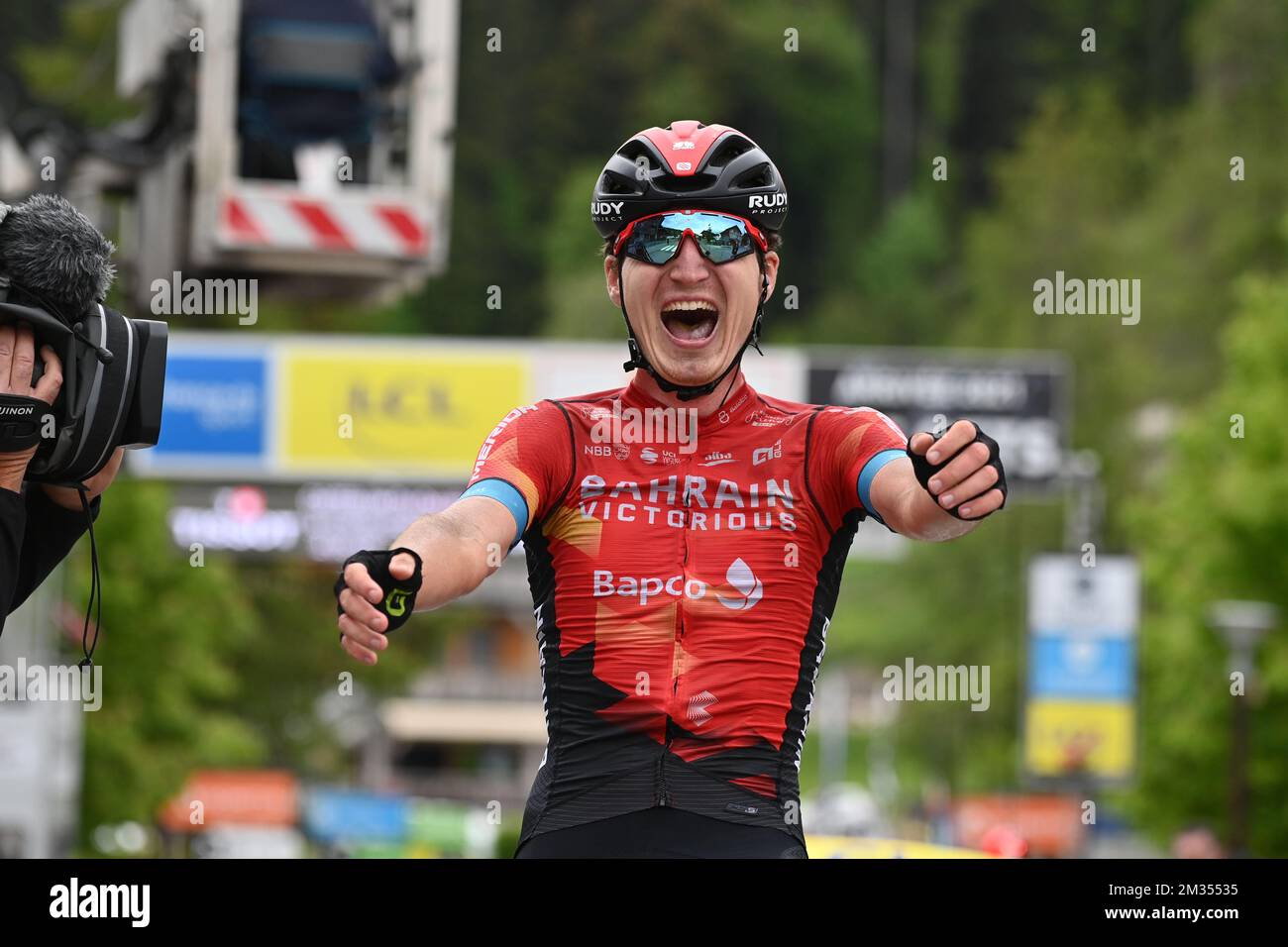 Ukrainian Mark Padun of Bahrain Victorious celebrates after winning the ...