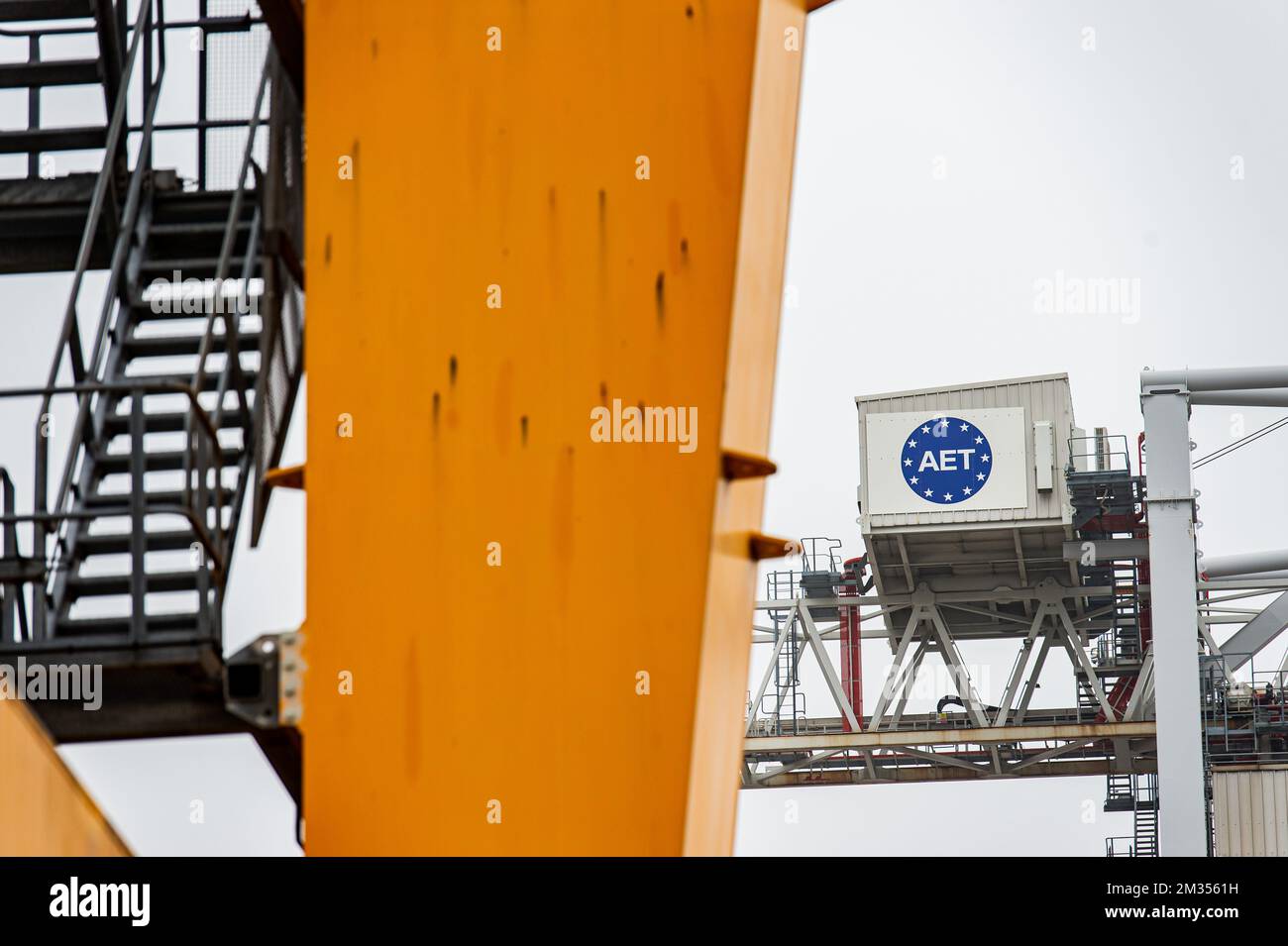 Illustration shows the AET logo on a crane at Antwerp Euroterminal AET ...