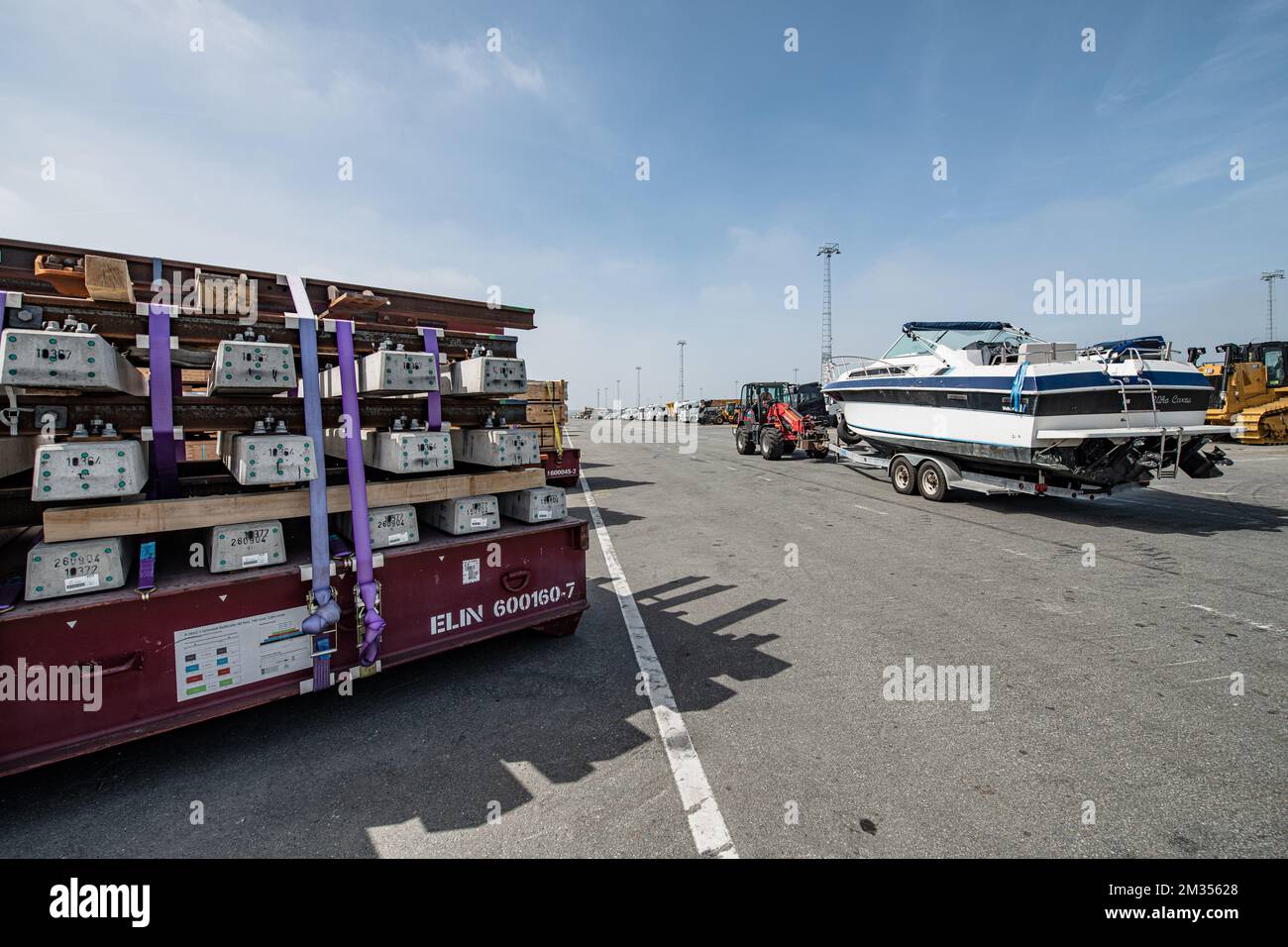 Illustration shows vehicles being prepared for transport at Antwerp ...