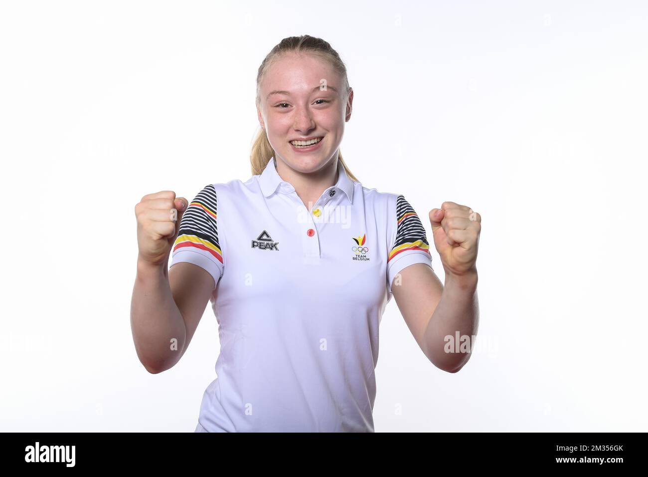 Belgian gymnast Lisa Vaelen poses for the photographer at a photoshoot ...