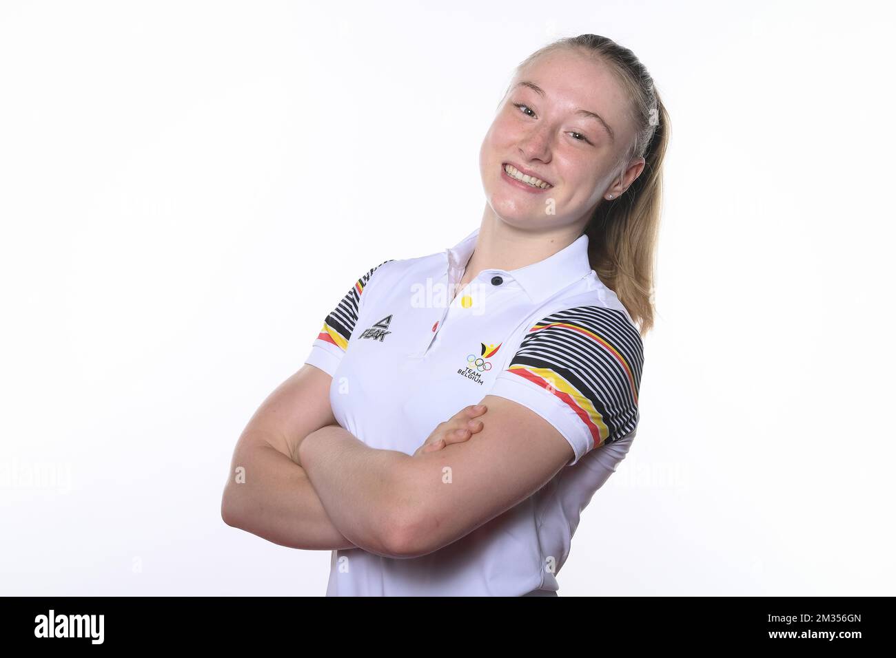 Belgian gymnast Lisa Vaelen poses for the photographer at a photoshoot ...