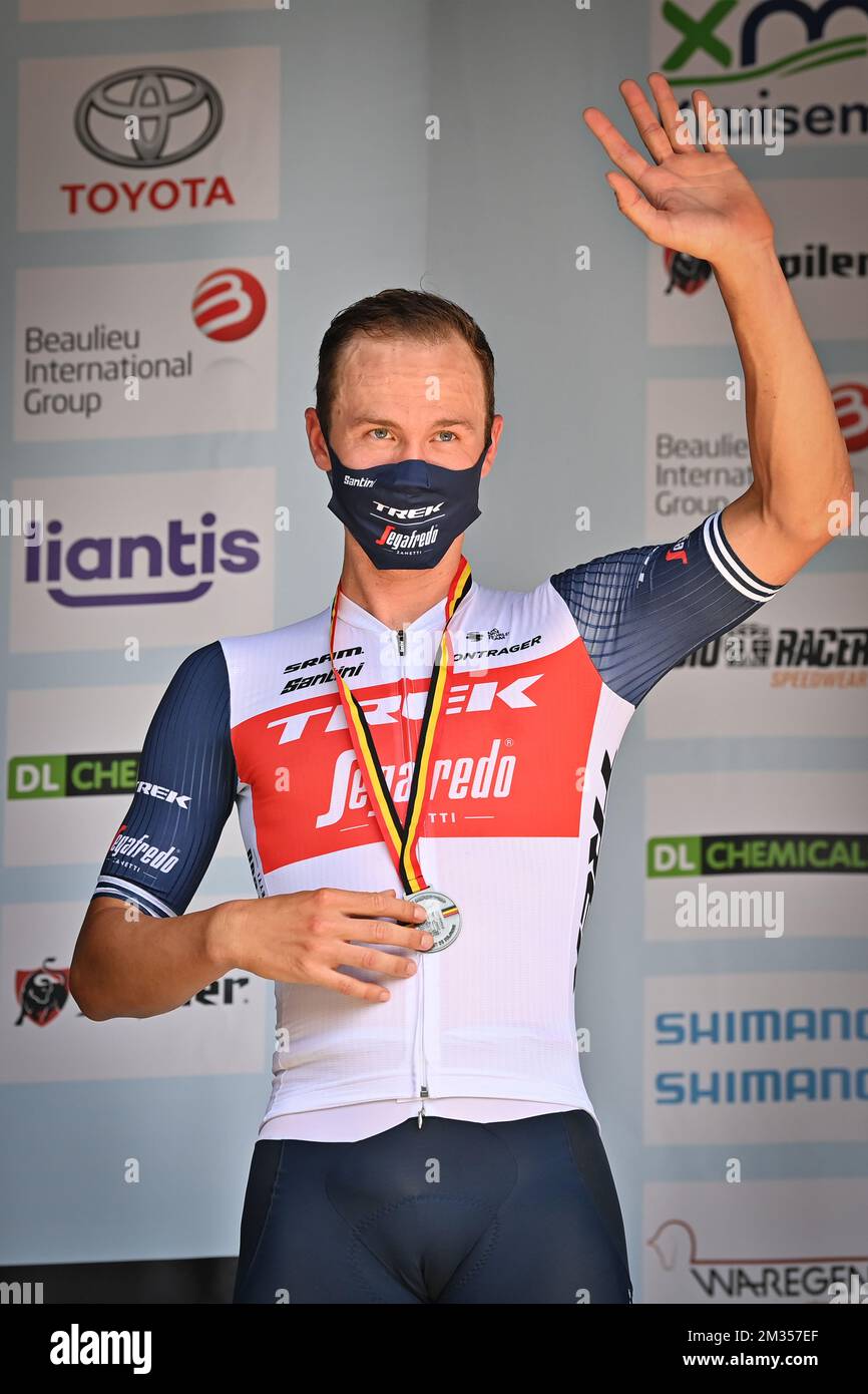 Silver medallist Edward Theuns of Trek-Segafredo pictured on the podium ...