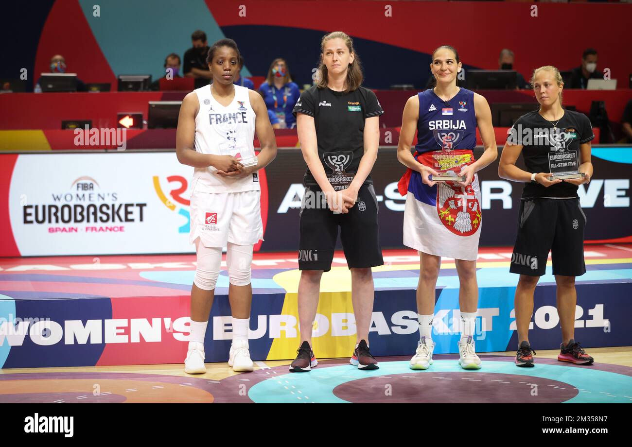 Belgian Cats Emma Meesseman and Belgian Cats Julie Allemand pose with their All-Star Five trophy ...