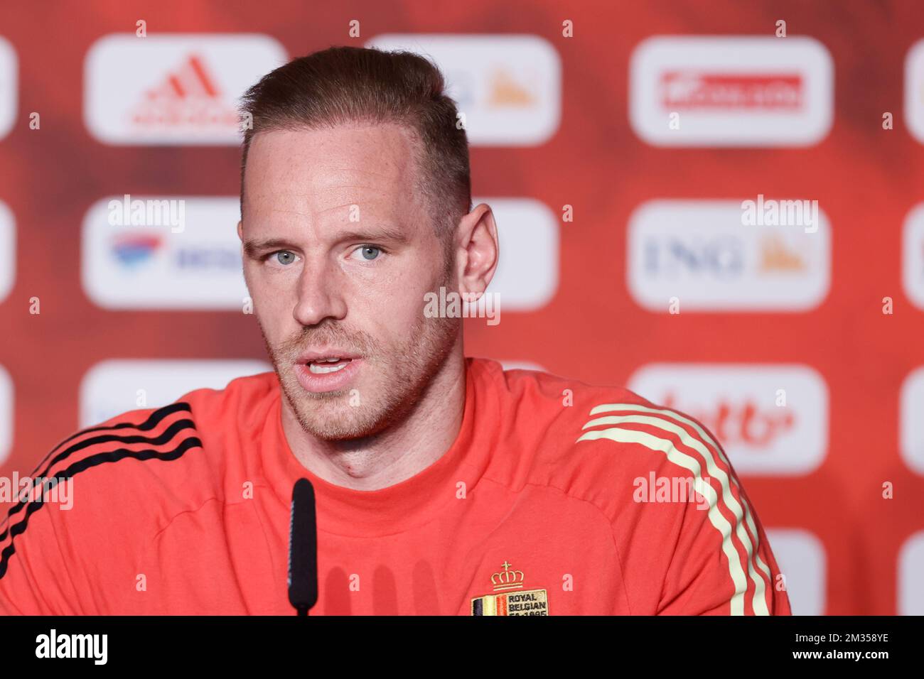 Belgium's goalkeeper Matz Sels pictured during a press meeting of the ...