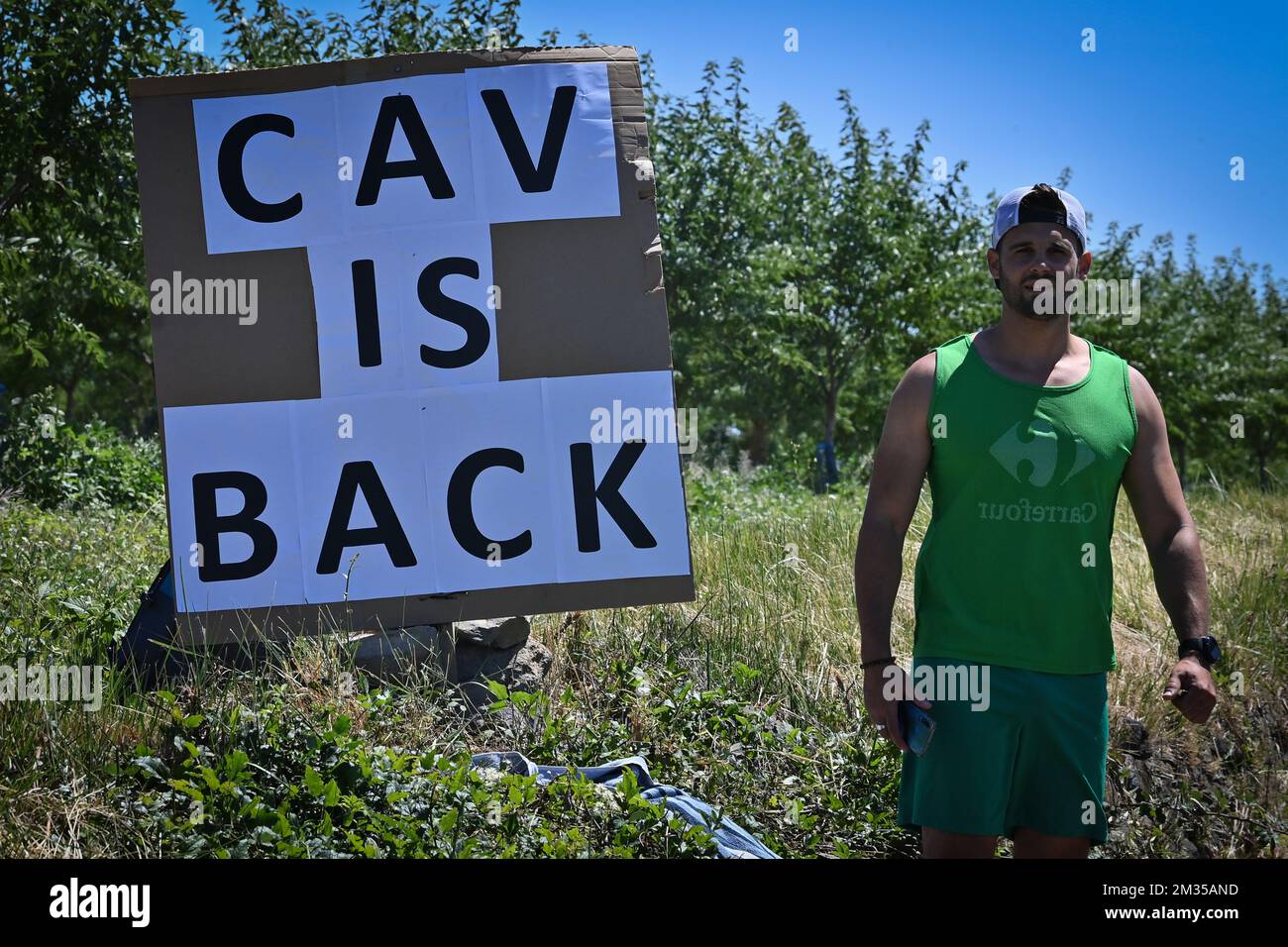 Illustration picture shows a banner reading 'Cav (Cavendish) is back' during stage 13 of the ...