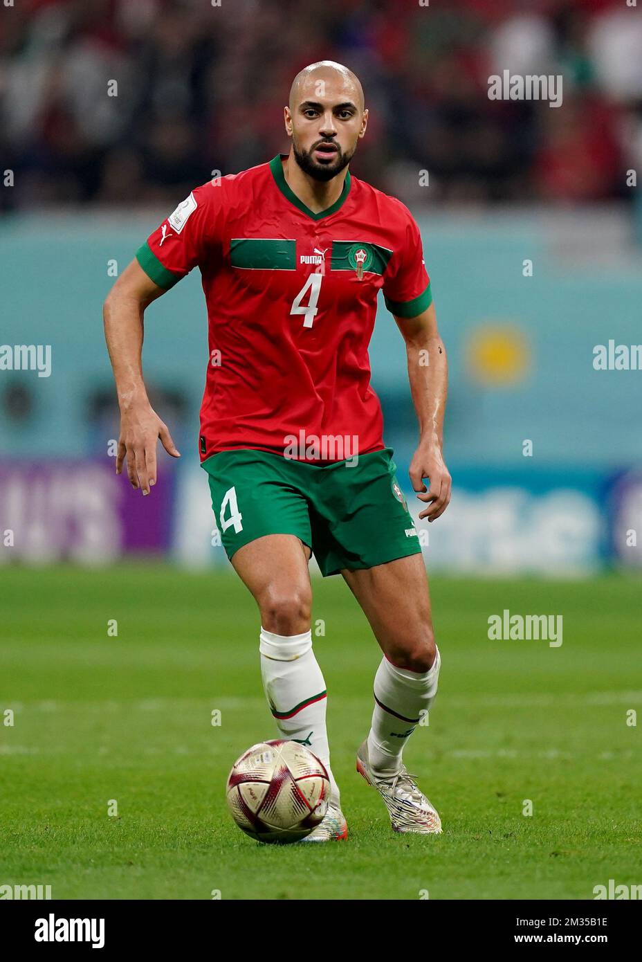 Morocco’s Sofyan Amrabat in action during the FIFA World Cup Semi-Final match at the Al Bayt ...