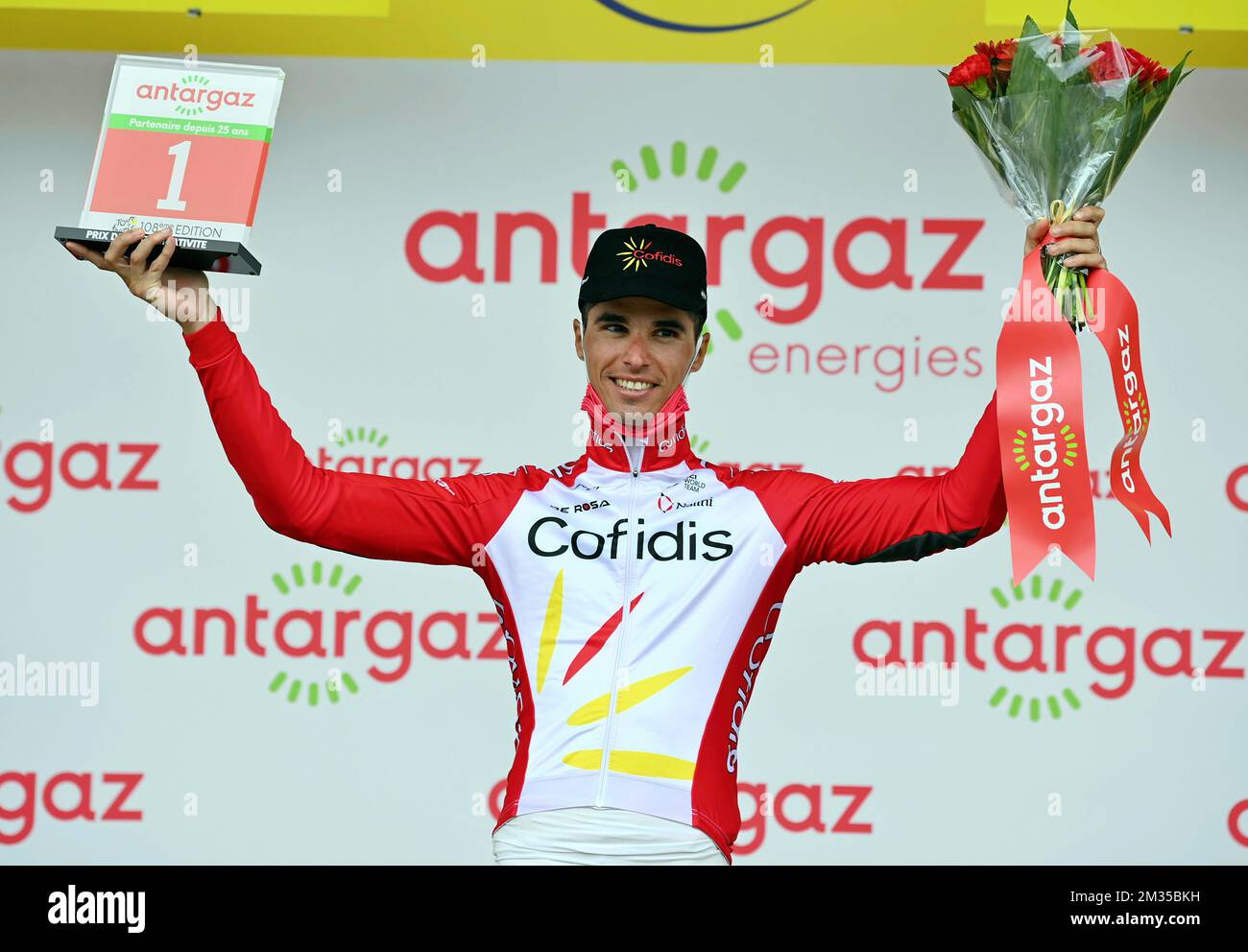 French Anthony Perez of Cofidis celebrates on the podium with the ...