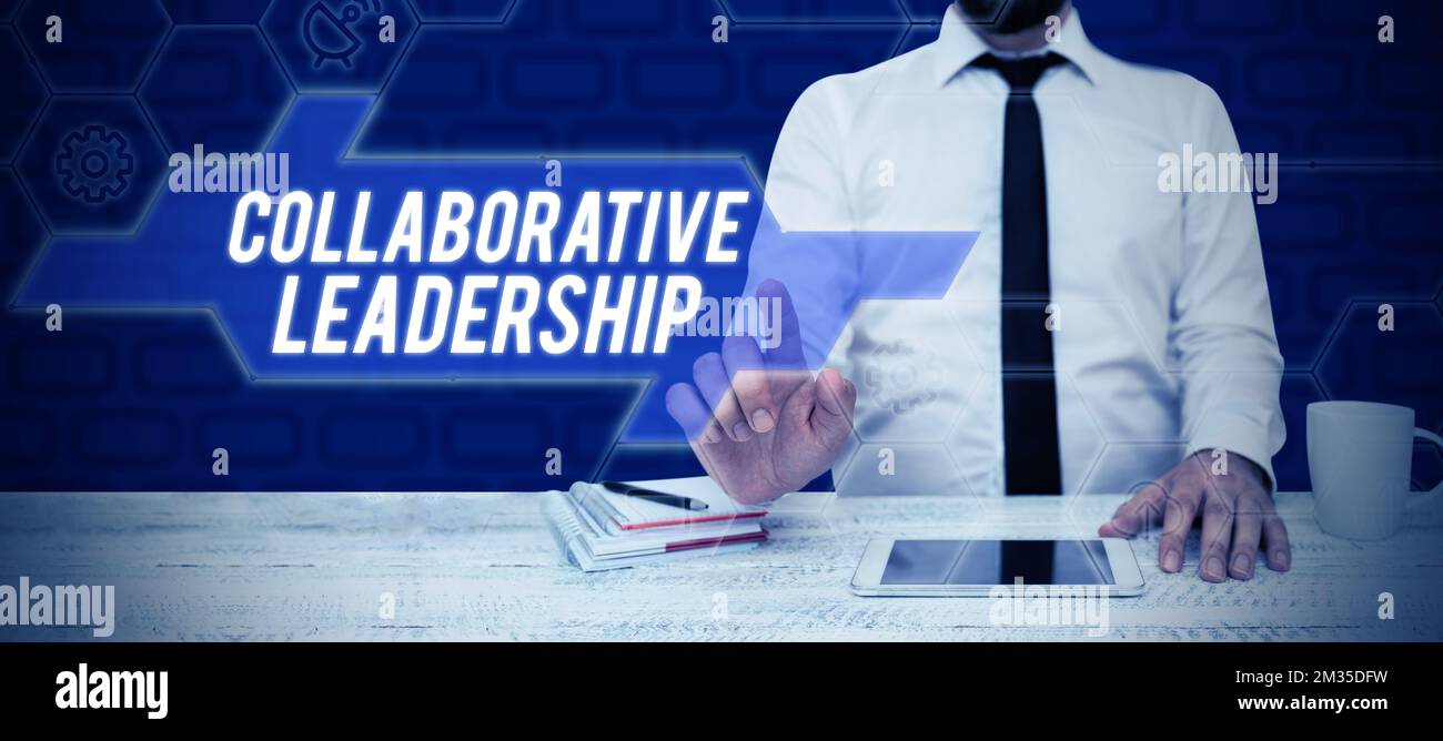 Hand writing sign Collaborative Leadership. Business overview people ...