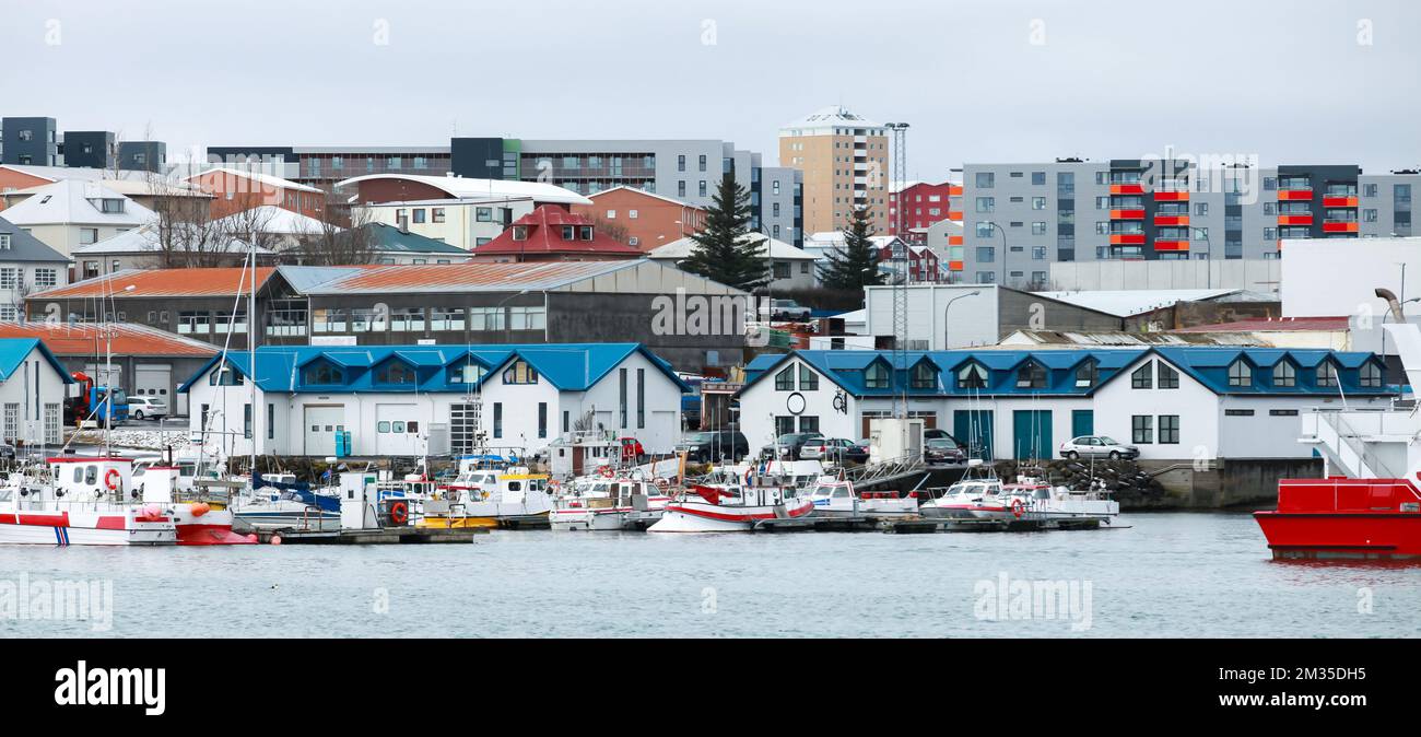 Iceland, Hafnarfjordur. Panoramic coastal landscape with colorful ...