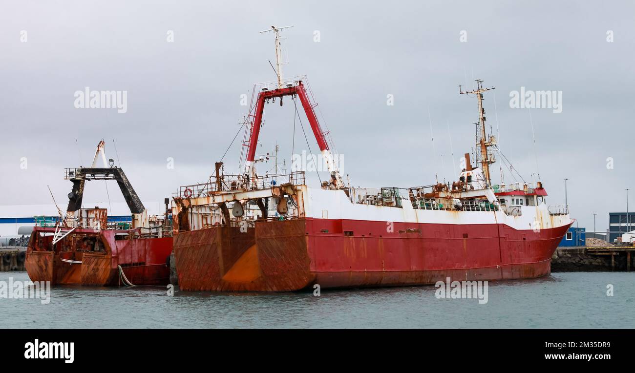 Industrial trawler ships are moored in port of Reykjavik, Iceland Stock ...