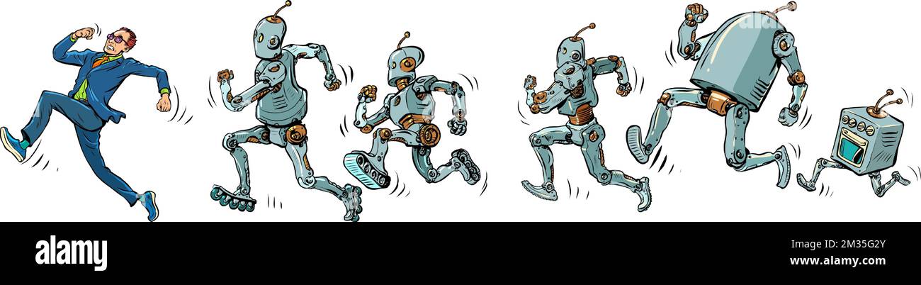 The man runs away from the robots. Scientific development, labor market. Fear of technological ...