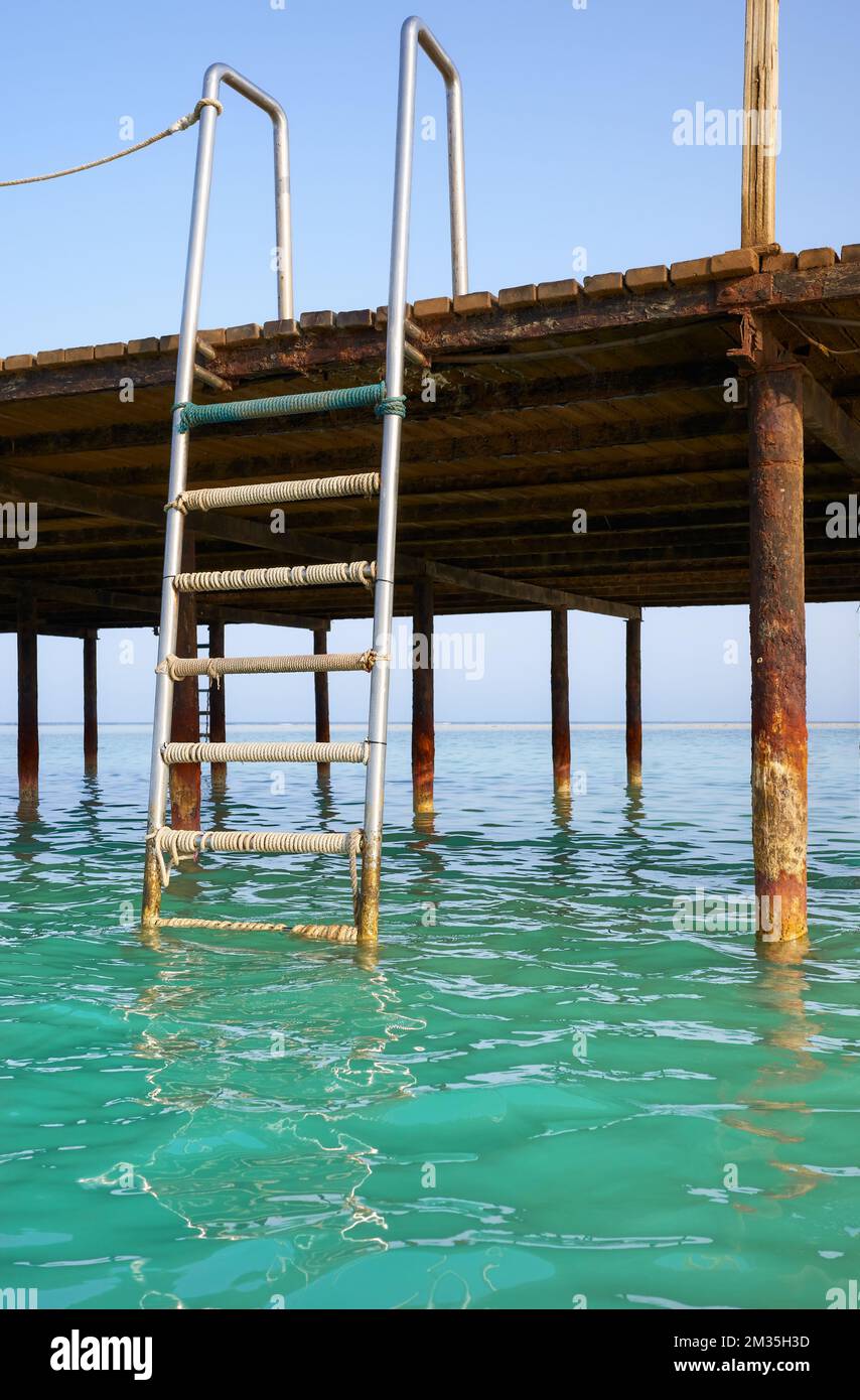 Picture of a pier swim ladder, tropical summer vacation concept Stock ...
