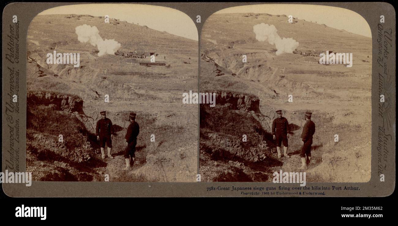 Great Japanese siege guns firing over the hills into Port Arthur ...