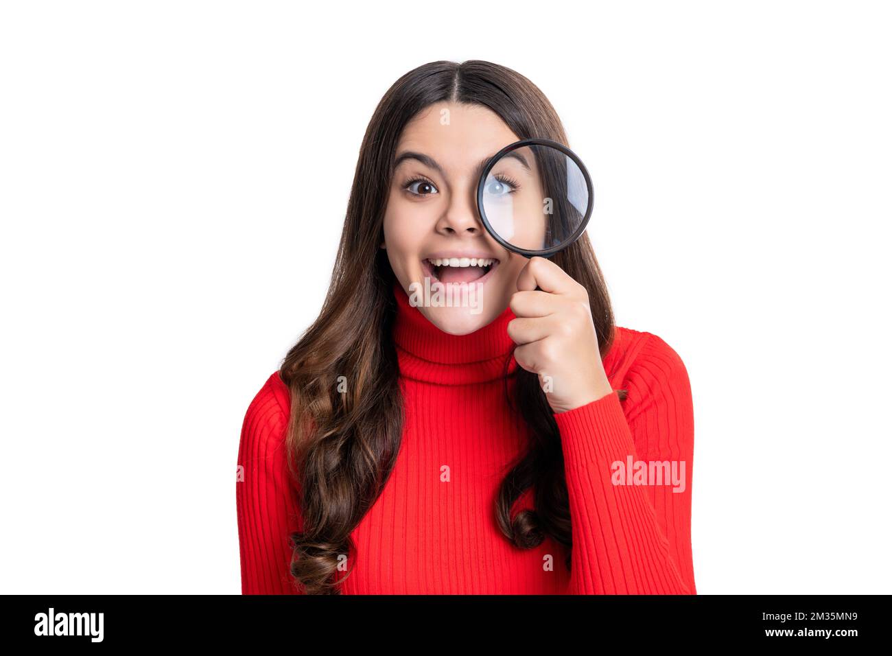 amazed curious teen girl hold magnifying glass isolated on white ...