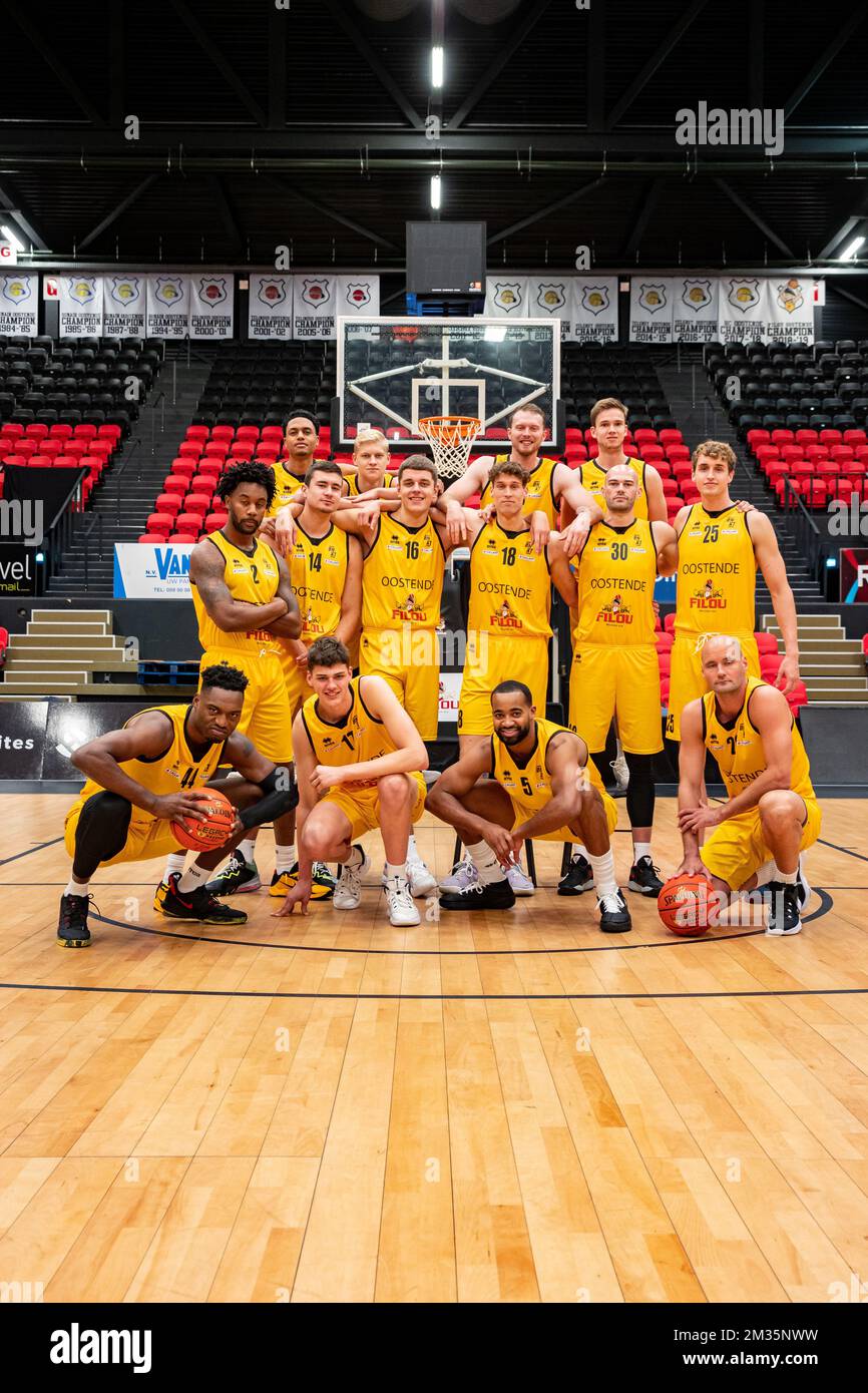 L-R, up, Oostende's Salim Kediambiko, Oostende's Keye van der Vurst de ...